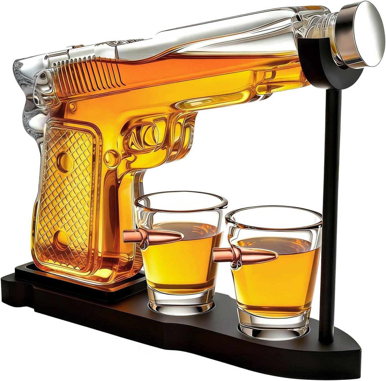 Pistol Gun Decanter Set + 2 Bullet shot Glasses & Wood Stand ...